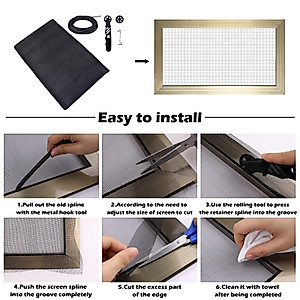 HTVRONT Window Screen Replacement and Screen Repair Kit for Windows or Doors, 48"*118" Window Screen Roll with Rolling Tool/Hook/Spline, Screen Door Repair Kit-Black