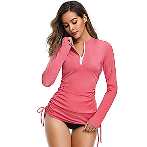 HISKYWIN Women's Long Sleeve UV Sun Protection Rash Guard Side Adjustable Wetsuit Swimsuit Top HF805-Pink-L