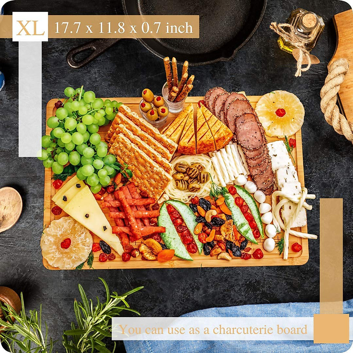 CAZZOVA Bamboo Cutting Board EXTRA LARGE with RULER and Juice Groove - Kitchen Wood Butcher Block for Meat Vegetables and Cheese- Chopping- Charcuterie Board- Wooden Serving Tray w/ Handles