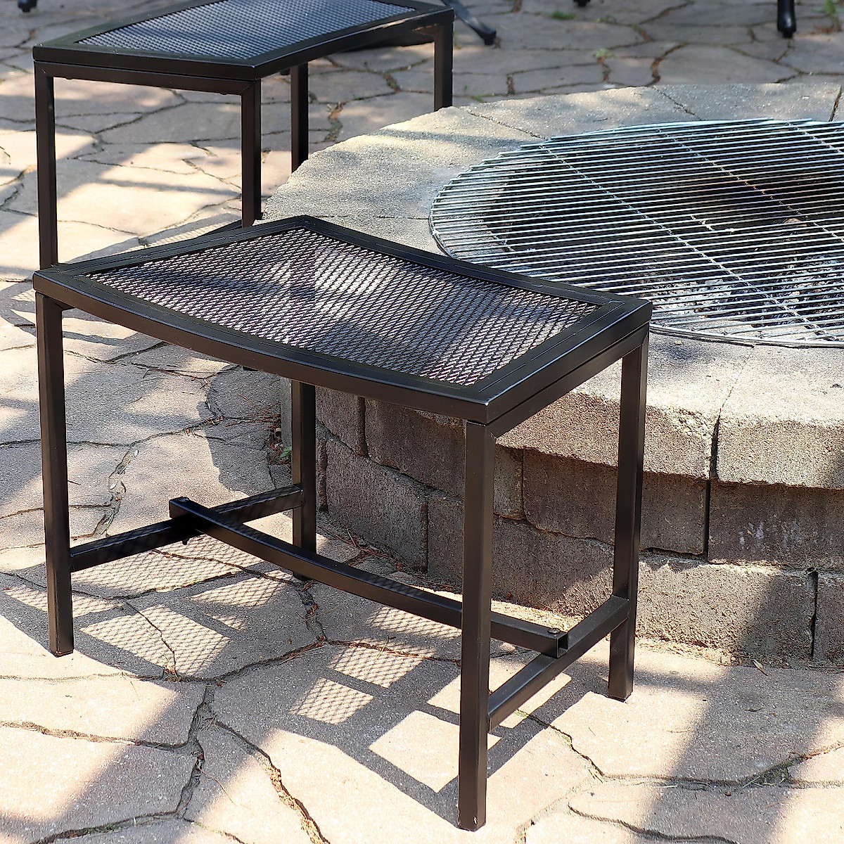 Sunnydaze Outdoor Curved Powder-Coated Black Metal Mesh Fire Pit Bench - Backless - Set of 2
