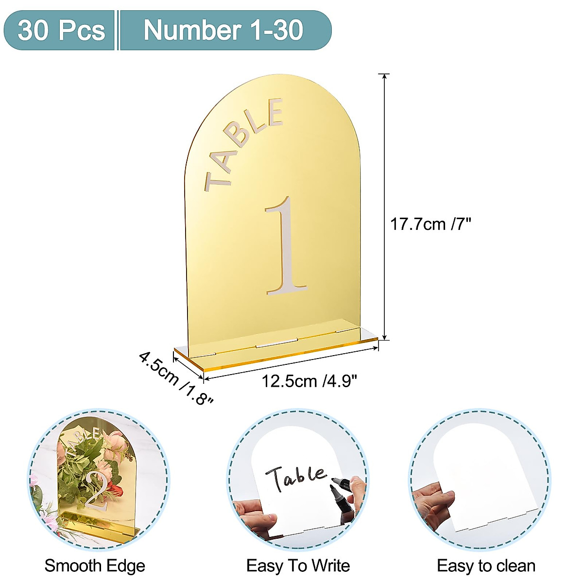 uxcell 30pcs 4.8 x 7 Inch Gold Arch Acrylic Sign with Stand, Acrylic Arch Table Number Holders for Wedding Table Centerpiece Decoration（Number 1-30）