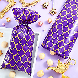 100 Pieces Arabian Nights Cellophane Treat Bags,Eid Mubarak Party Treat Bags,Purple and Gold Goodie Bags with Twist Ties for Arabian Nights Indian Diwali Party Favors