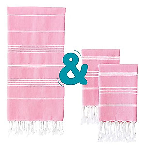 WETCAT Bundle: Turkish Bath Towel (38 x 71) and Turkish Hand Towels (20 x 30, Set of 2) - 100% Cotton, Prewashed for Soft Feel - Light Pink Towels & Light Pink Kitchen Accessories and Decor