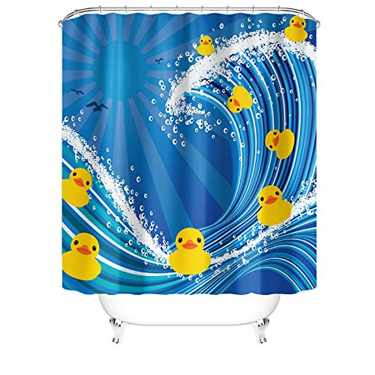 Posienr 4 Piece Cartoon Yellow Duck Shower Curtain Set, Blue Ocean Waves Bathroom Set Includes Non-Slip Carpet, Toilet Seat and U-Pad, Waterproof Shower Curtain with 12 Hooks for Bathroom Decor