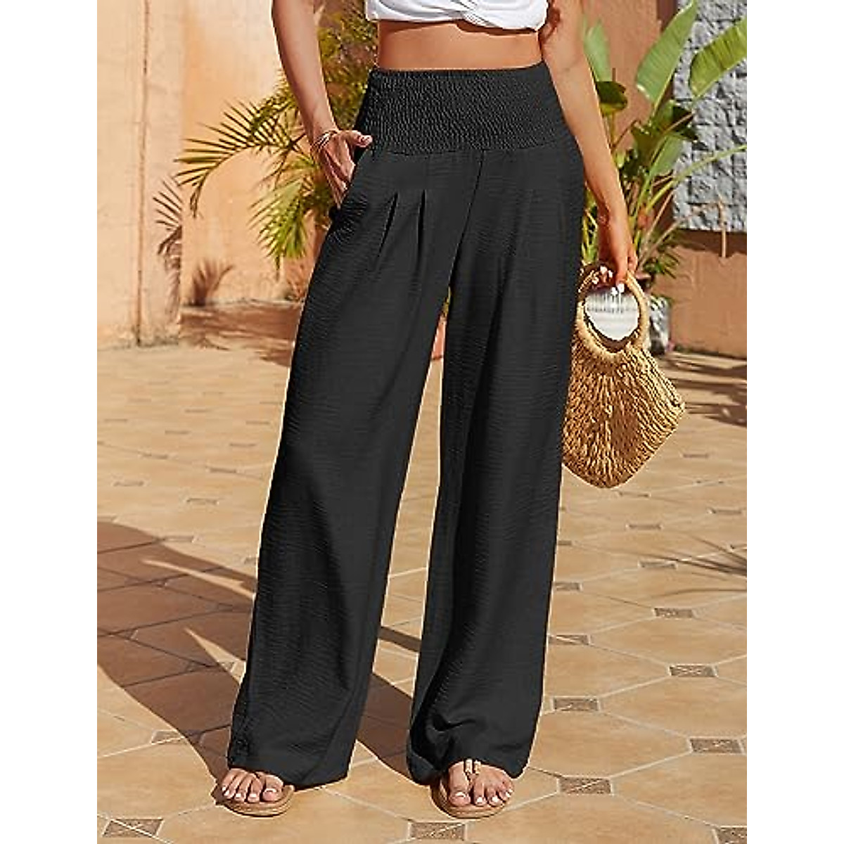MUSIDORA Linen Pants Women Plus Size Boho Smocked High Waist Flowy Wide Leg with Pockets Stretchy Boho Beach Travel Trousers Petite (Black XL)