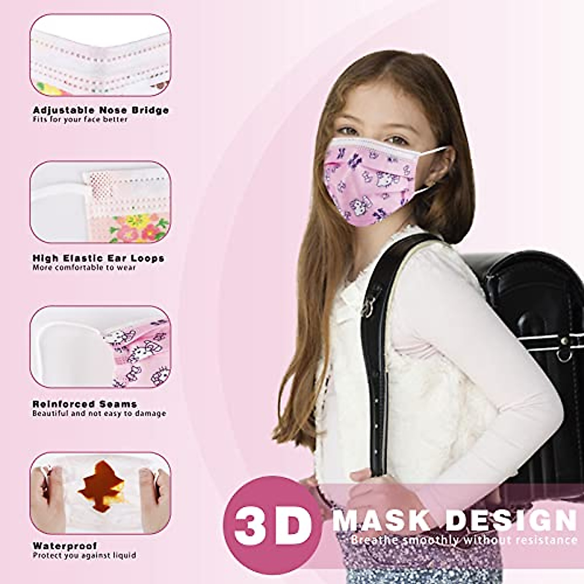 IGINOA Kids Face Mask 3 Ply Layer Safty Breathable Fabric for Girls and Boys (50 Pack)