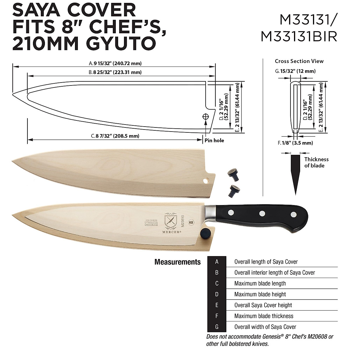 Mercer Culinary Natural Ash Wood Saya Cover Blade Protector for 8" Chef and 210mm Gyuto Knives