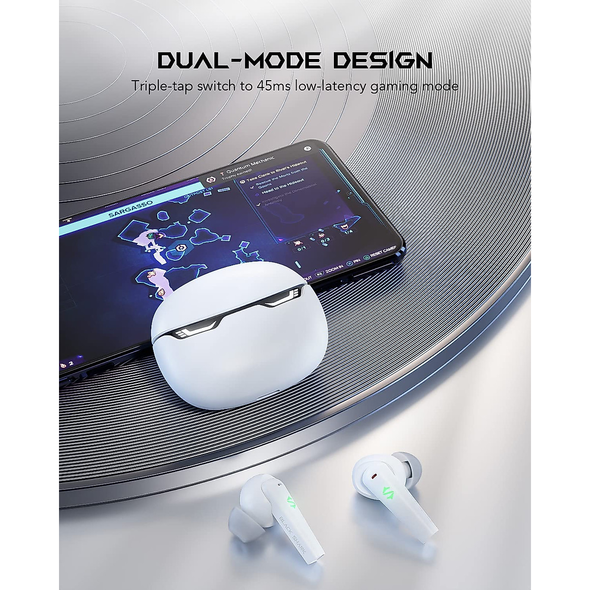 Black Shark Bluetooth Earbuds Wireless Earbuds with Emoji LED Light, Gaming Earbuds with 45ms Ultra Low Latency, Bluetooth 5.1, Music and Gaming Dual Modes, 24H Playtime, IPX5 Waterproof- White