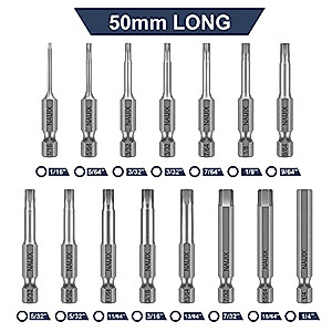 NAUIX 15 Piece Hex Head Allen Wrench Drill Bit Set, 1/4 Inch Hex Shank SAE S2 Steel Hex Bit Set, Magnetic Tips 50mm Long