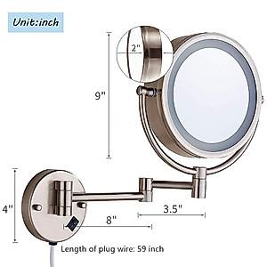 Cavoli Wall Mount Makeup Mirror 9 Inches with LED Lighted 10x Magnification,has 3 Colors Lights Modes,13" Extension Arm Magnifying Vanity Mirror Electric Plug Powered, Brushed Nickel Finish