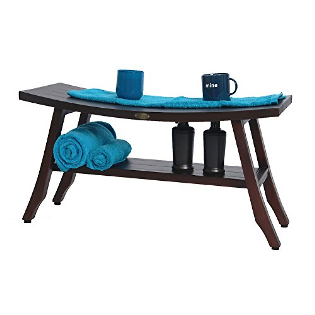 DecoTeak Satori Teak Shower Bench 34″ Long Eastern Style Wood Shower Bench with Curved Seat and Shelf Wooden Seat Shower Stool in Woodland Brown Finish