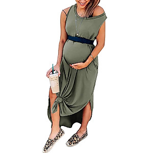 ANRABESS Women Casual Loose Sundress Sleeveless Split Maxi Long Beach Shirt Dress Travel Vacation 2025 Summer Outfits Olive Large