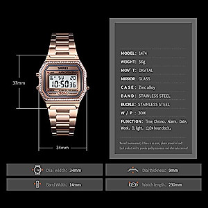 PASOY Men's Digital Gold Stainless Steel Watch Backlit Multifunction Stopwatch Waterproof Sport Watches (Gold with Crystal Bezel)