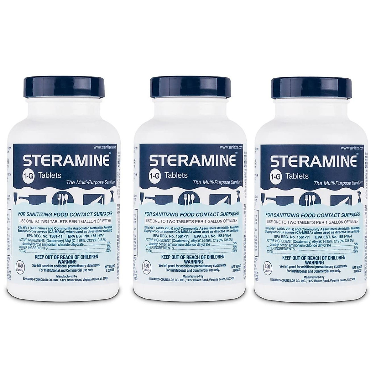 Steramine Quaternary Sanitizing Tablets - 150 Sanitizer Tablets per bottle, 3-Bottles