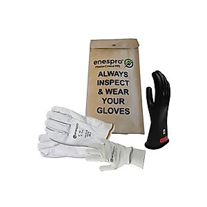 Enespro Class 0 Black Rubber Voltage Insulating Glove Premium Kit with FR Knit Glove and Leather Protectors, Max. Use Voltage 1,000V AC/ 1,500V DC, KITGC0B09AG