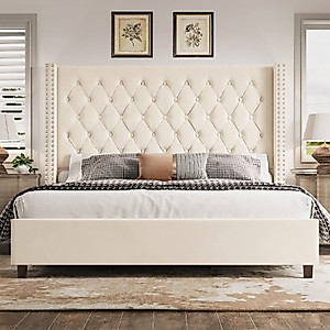 PaPaJet Queen Bed Frame 61.4" Tall Headboard Upholstered Velvet Platform Bed with Handmade Deep Button Tufted/No Box Spring Required/Cream