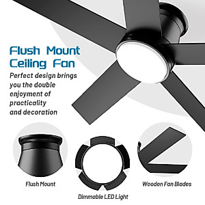 wurzee 52" Flush Mount Ceiling Fan, Black low profile Ceiling Fan, 6 Speeds DC Reversible Motor, Timing, Dimmable Ceiling Fan for Indoor Patio Porch Garage Shop Factory Warehouse