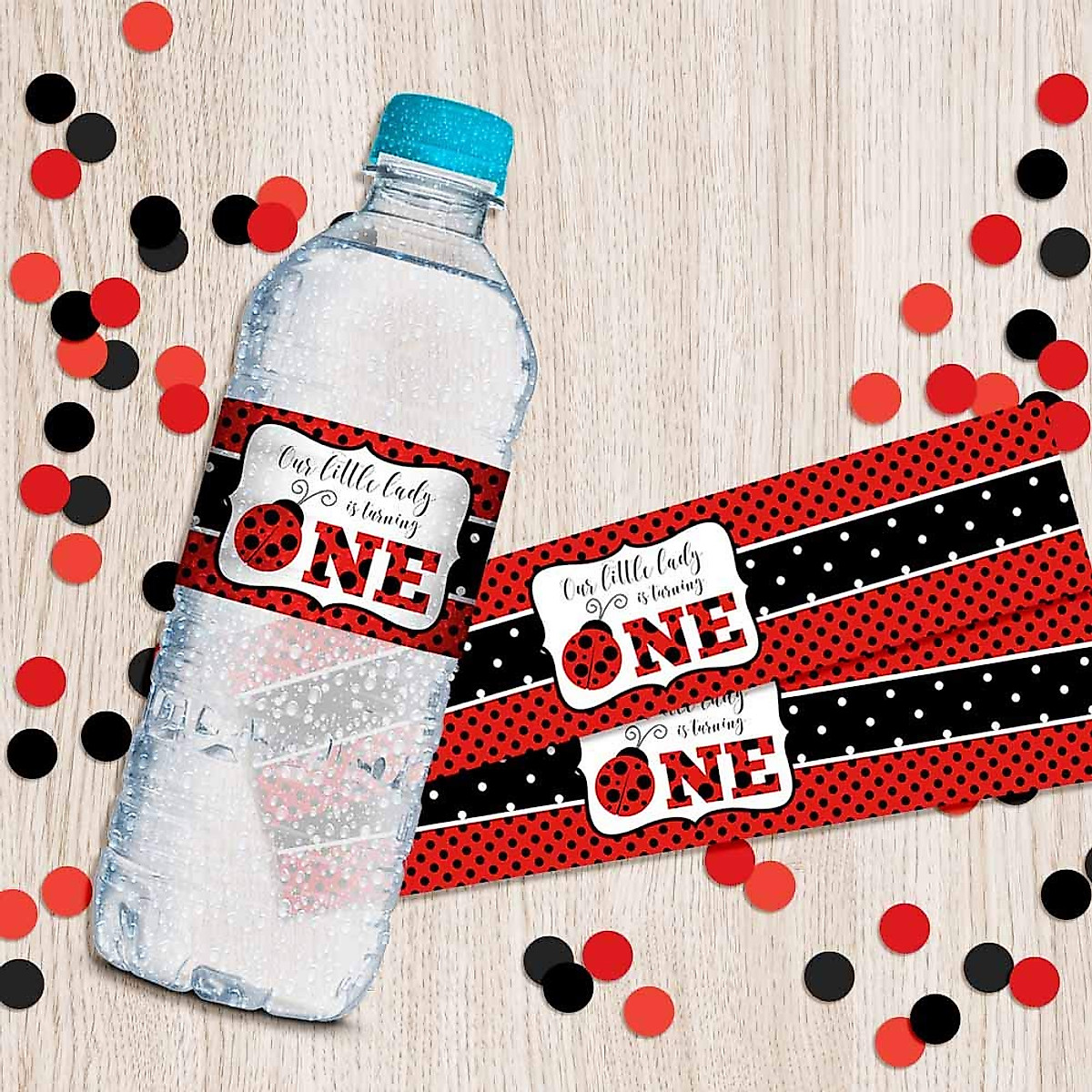 Red Ladybug First Birthday Party Waterproof Water Bottle Sticker Wrappers, 20 1.75" x 8.5" Wrap Around Labels by AmandaCreation