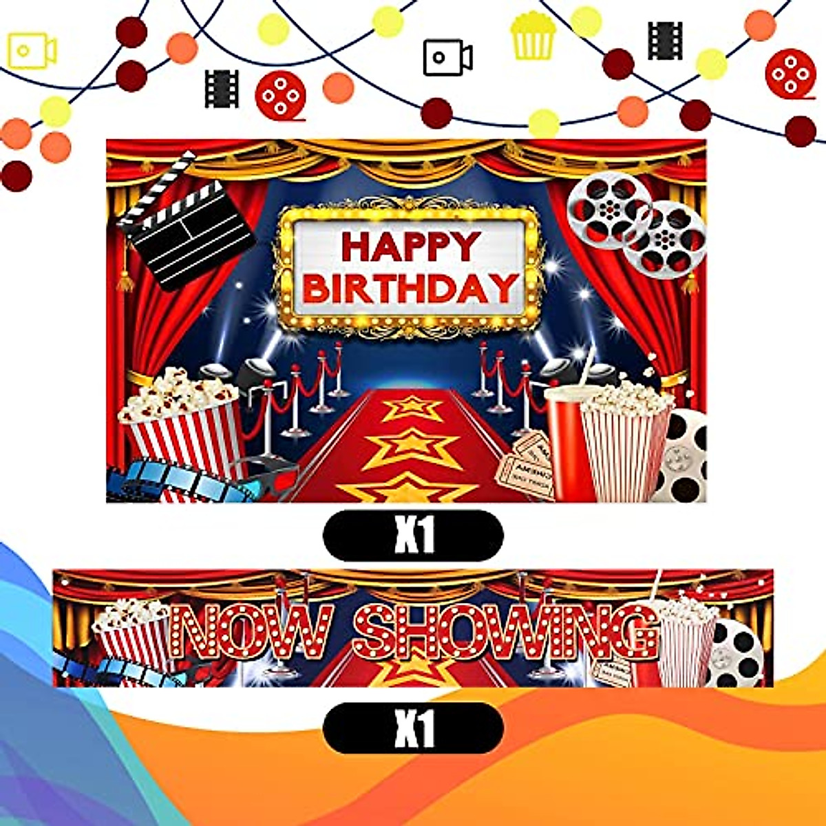 Movie Theme Party Decorations Include Large Fabric Backdrop Happy Birthday Background 5 x 3 Feet Movie Now Showing Banner 6 x 1 Feet for Movie Night with Rope