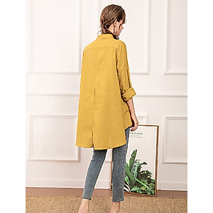 Minibee Women's Cotton Linen Shirt High Low Button Down Embroidered Blouse Long Sleeve Tunic Tops With Pocket Yellow 2XL