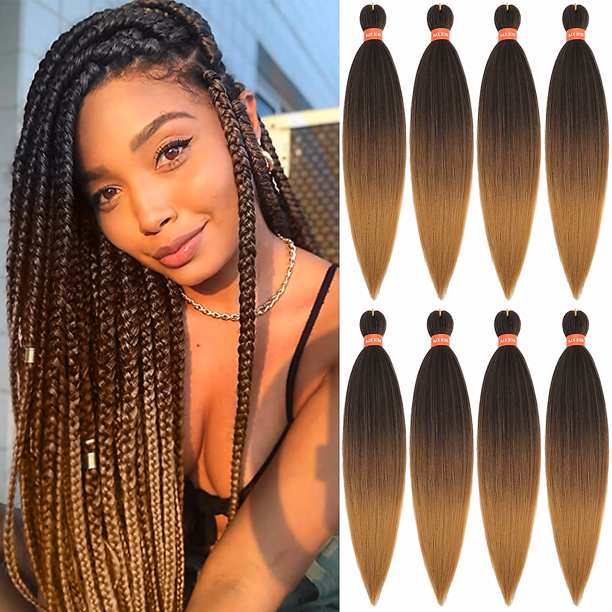 Ombre Pre-stretched Braiding Hair, Top Silky Braid Hair Extensions, Itch Free Crochet Twist Hair Braids, Yaki Texture Original Braiding Hair Pre Stretched, 0.21 pound/bundle (24''-8 bundles, 1b/30/27)