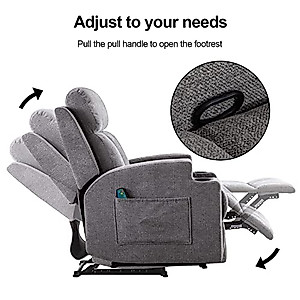 ANJ HOME Manual Massage Recliner Chairs with Heat for Living Room, Overstuffed Breathable Fabric Reclining Chair with Side Pockets and Cup Holders, Single Sofa Home Theater Seating, Grey