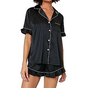 SWOMOG Women Silk Satin Pajama-Sets Short Sleeve Sleepwear Summer Loungewear 2 Pcs Nightwear Ruffle Hem Pyjamas Black