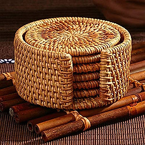 Eneocare Handmade Natural Rattan Coasters for Drinks, Wicker Boho Coasters, Woven Coasters for Drinks | Heat Resistant Reusable Saucers, Round Straw Trivet for Teacup, Set of 6 with Holder
