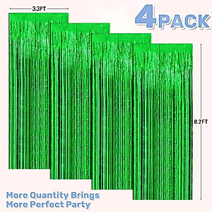 4-Pack Backdrop for Party Decorations, Foil Fringe Backdrop Curtains, Tinsel Streamers for Birthday Party Decorations, Green Backdrop Curtains for Girl Christmas Unicorn New Year Princess Parties
