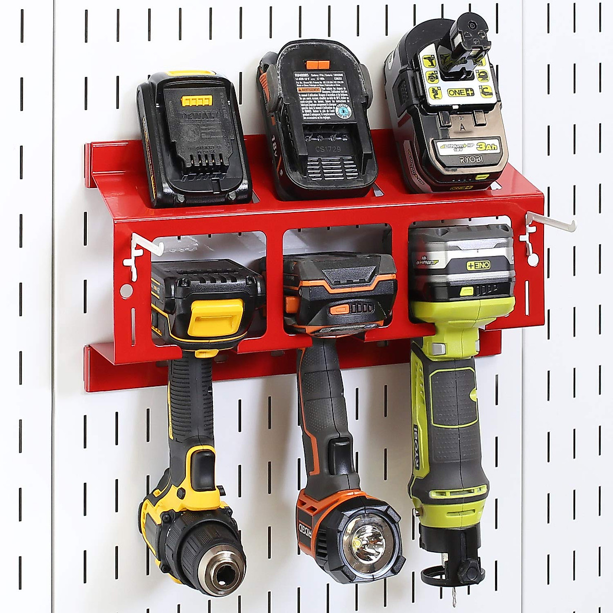 Wall Control Drill Holder Power Tool Storage Rack - Compact Impact Drill Battery Power Tool Pegboard Organizer Pegboard (Red)