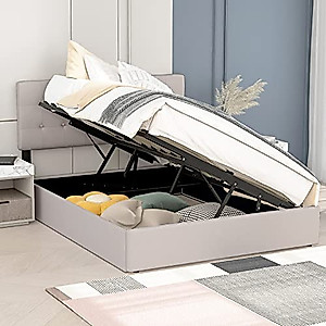 Contemporary Linen Upholstered Platform Bed Mattress Foundation w/Button Tufted Headboard&Slats for Adult,Low Panel Bedframe w/Gas Lift up Storage Space&Wooden Slats,No Box Spring Needed (Beige,Queen)