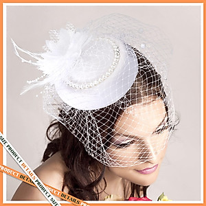 3 Pieces Fascinator Hat for Women Tea Party Derby Hat with Veil Feather Funeral Headpiece Lace Gloves Pearl Necklace (White)