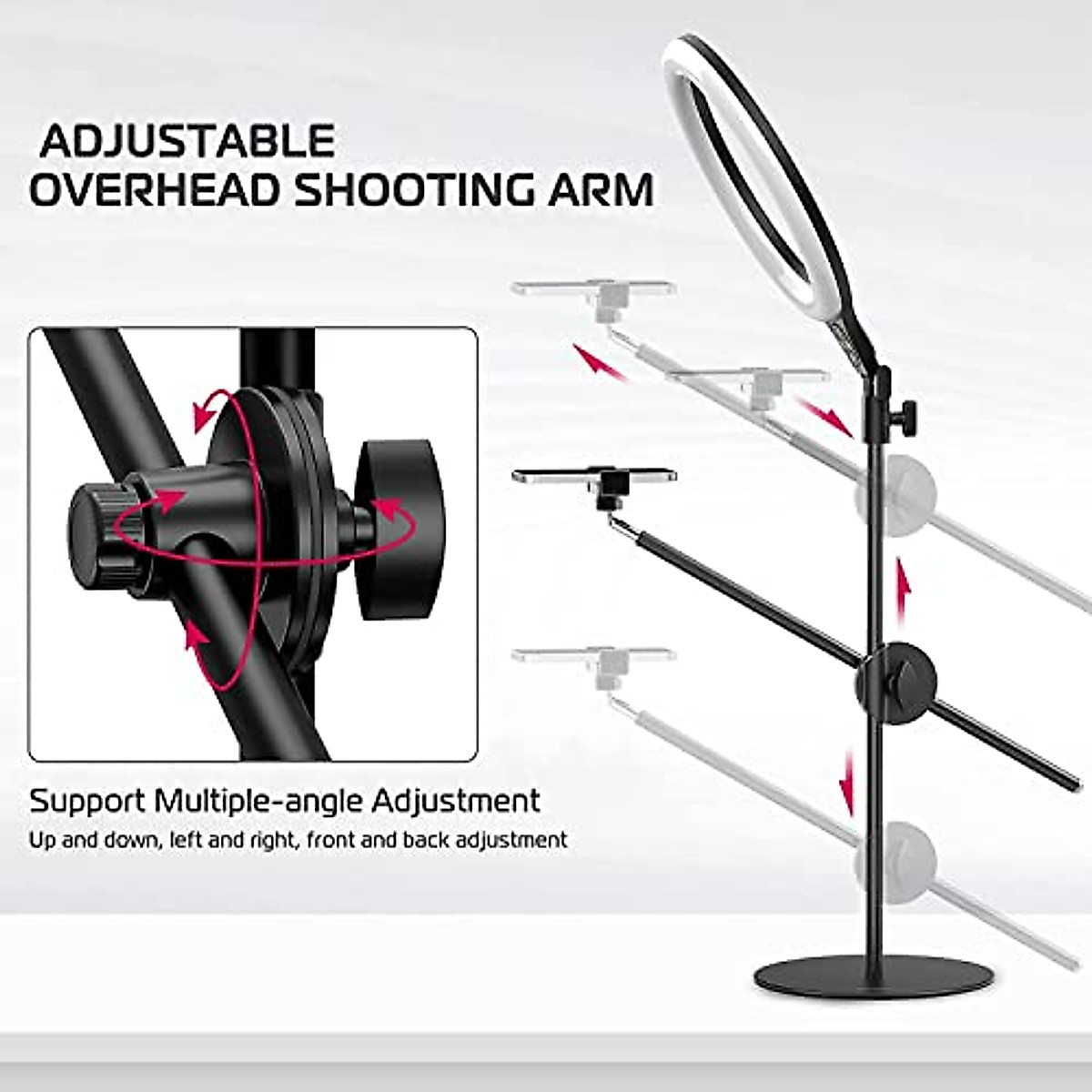 [Upgraded Base] ULANZI Overhead Phone Mount with 10" Selfie Ring Light, Tabletop Light Stand with 360° Shooting Arm, 3500k-6500K Dimmable Ring Light for Video Recording, Live Stream, Portrait & Makeup