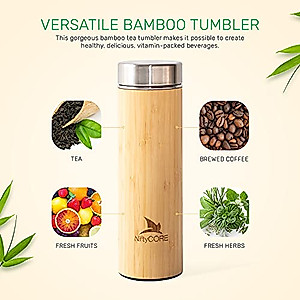 Bamboo Tumbler with Tea Infuser Bottle Loose Leaf Strainer – Advanced Double Insulated Stainless Steel Travel Thermos - Best Gift for Tea Lovers - Leak-Proof Hot Coffee Mug, Fruit Water Bottle (17 oz)