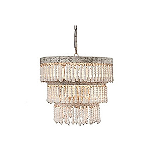 Creative Co-Op Metal & Wood Beaded Chandelier, 20.5" Round by 20" Height, Off- White
