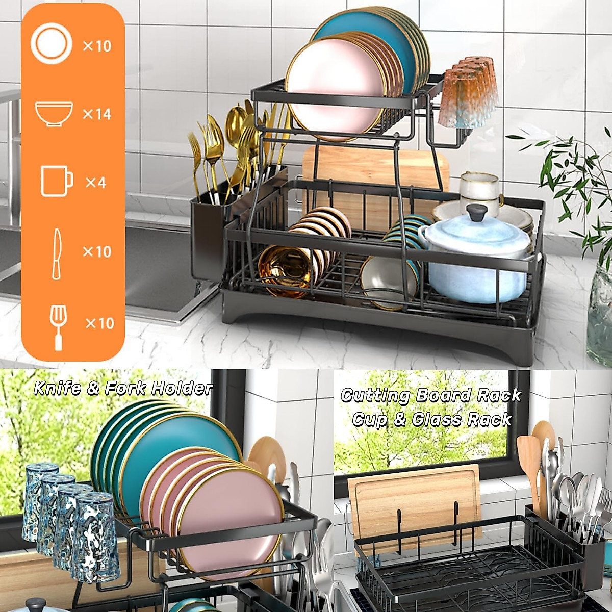 Godboat Dish Drying Rack, Dish Rack with Extra Drying Mat, 2-Tier Dish Racks for Kitchen Counter, Kitchen Gadgets with Drainboard & Utensil Hooks, Kitchen Organization & Decor, Gifts for Women & Men