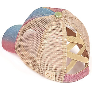 Funky Junque Kids Criss Cross Messy Bun Ponytail Hat - Pink Multi Ombre Glitter w/mesh