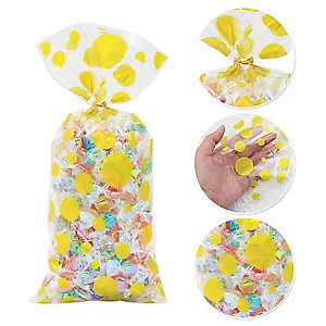 Polka Dot Cellophane Bags, 100pcs Clear Treat Bags, Plastic Christmas Cello Bags Sweets Bags with 100 Twist Ties for Goodie, Cookies, Nut, Gift Wrap, Wedding Birthday Party Favor Supplies (4 Pattern)