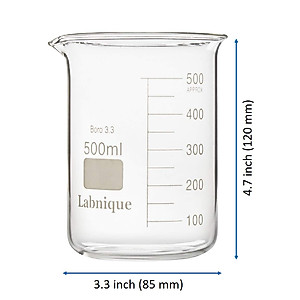 Labnique Borosilicate 3.3 Glass Griffin Beaker, Low Form with Printed Graduation, Double Boxed, 500ml (Pack of 8)