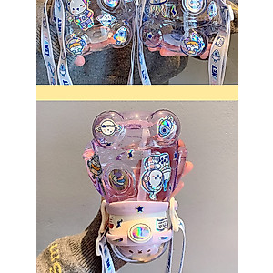 HACODAN Kawaii Straw Bottle with Strap Cute Cartoon Water Bottles with Stickers for Women Juice Coffee 23oz 700ML (Blue)