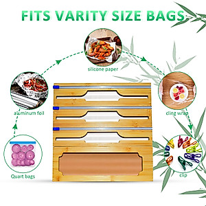 Bikerid Bamboo Wrap Dispenser with Cutter, Plastic Wrap Organizer, Aluminum Foil Organization, and Wax Paper Dispenser Holder for Kitchen Drawer and Wall, Compatible with 12" Roll