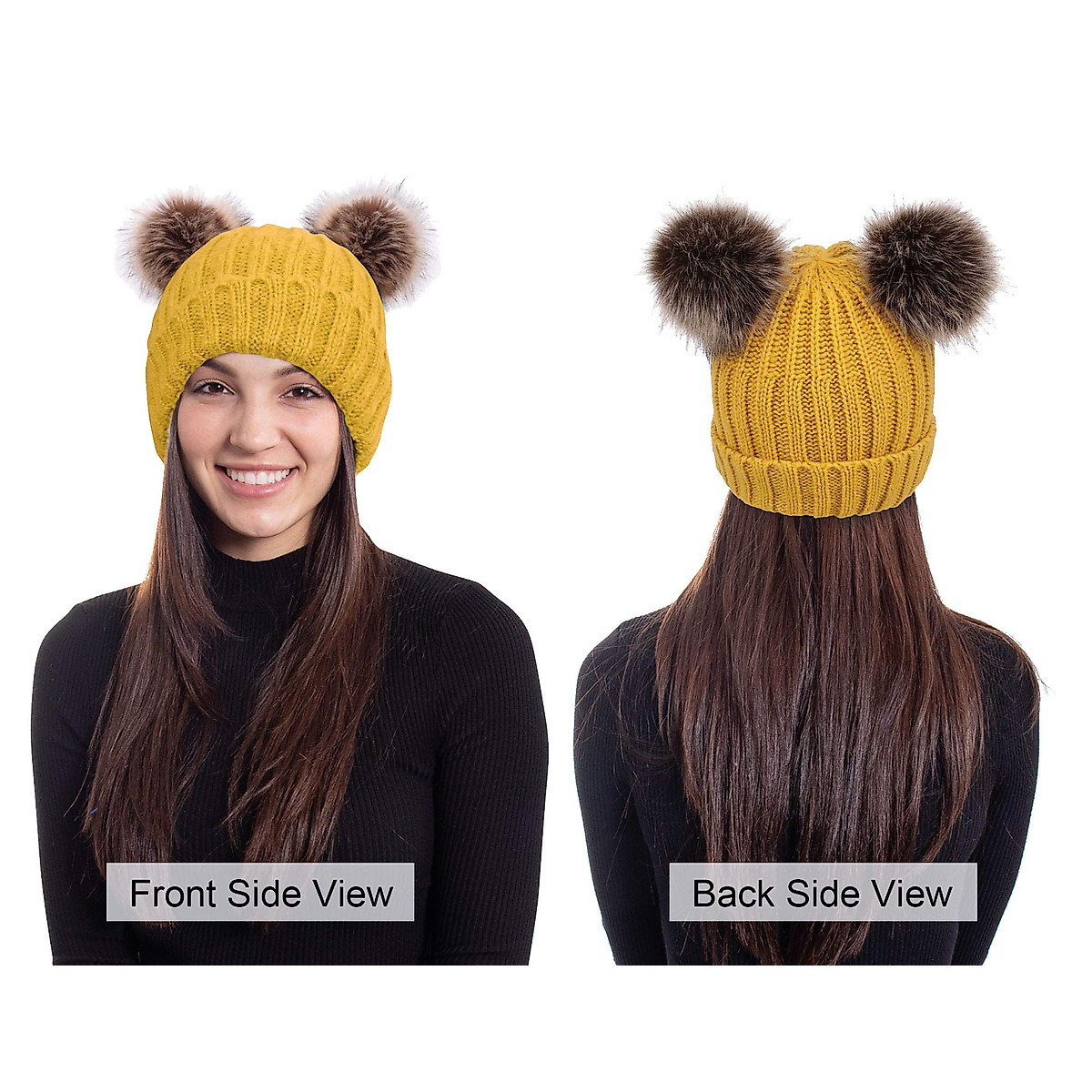 Arctic Paw Beanie for Women Cable Knit Beanie with Faux Fur Pompom Ears Yellow