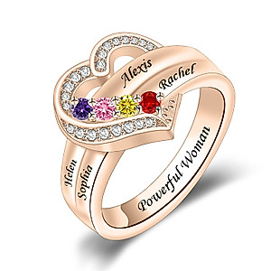Seecoco Personalized Mothers Rings with 1-8 Simulated Birthstones Heart Mother Ring with Names Custom Mother Daughter Ring Jewelry for Women Family Ring for Mom Wife Grandmother (4 Stone)