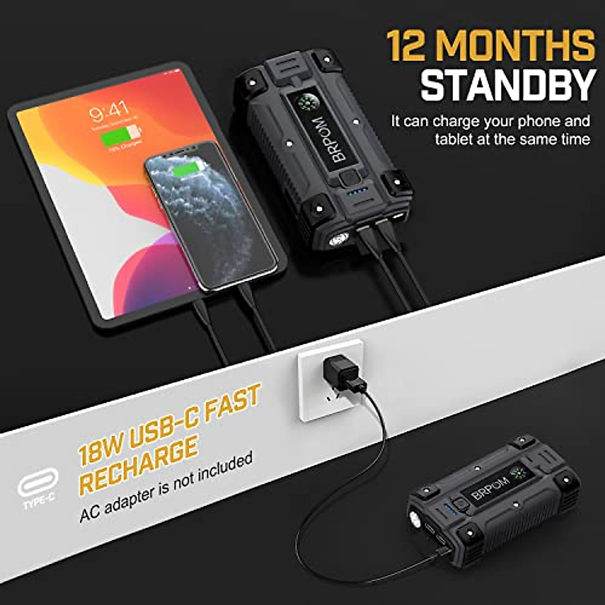 BRPOM Car Jump Starter, 4000A Peak 23800mAh (Up to 10.0L Gas or 8.0L Diesel Engine, 50 Times) 12V Auto Booster Battery Charger Jump Box with Quick Charger Smart Jump Cables