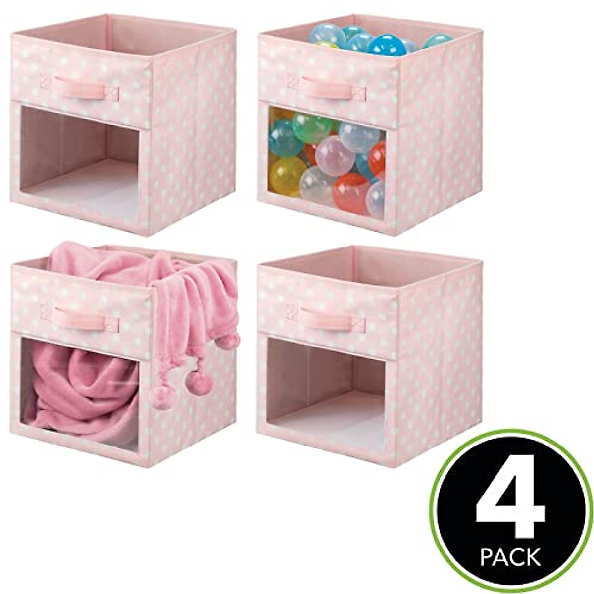 mDesign Fabric Nursery/Playroom Closet Storage Organizer Bin Box, Front Handle/Window for Cube Furniture Shelving Unit, Hold Toys, Clothes, Diapers, Bibs, 4 Pack, Pink/White Polka Dot