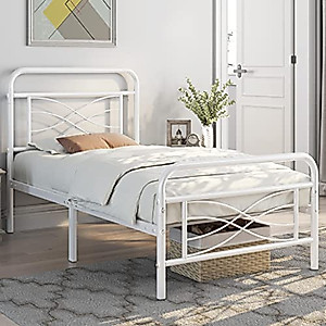 Yaheetech Twin Bed Frames Metal Platform Bed Mattress Foundation with Criss-Cross Design Headboard, Ample Underbed Storage Space, Heavy Duty Slat Support, No Box Spring Needed, Twin Size White