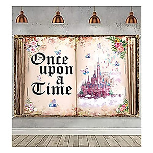 MAQTT Fairytale Book Photography Backdrop 7x5ft Once Upon A Time Backdrop for Girls Birthday Party Decoration Pink Flowers Butterfly and Castal Princess Backdrop for Baby Shower Cake Table Decor