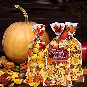QOIUSO Thanksgiving Gift Bags Cellophane Bags: 50 Pcs Thanksgiving Treat Bags for Goodie Cookies Snacks and Gift Wrapping, Clear Candy Bags with Twist Ties Thanksgiving Party Favors Bags - 4 Style