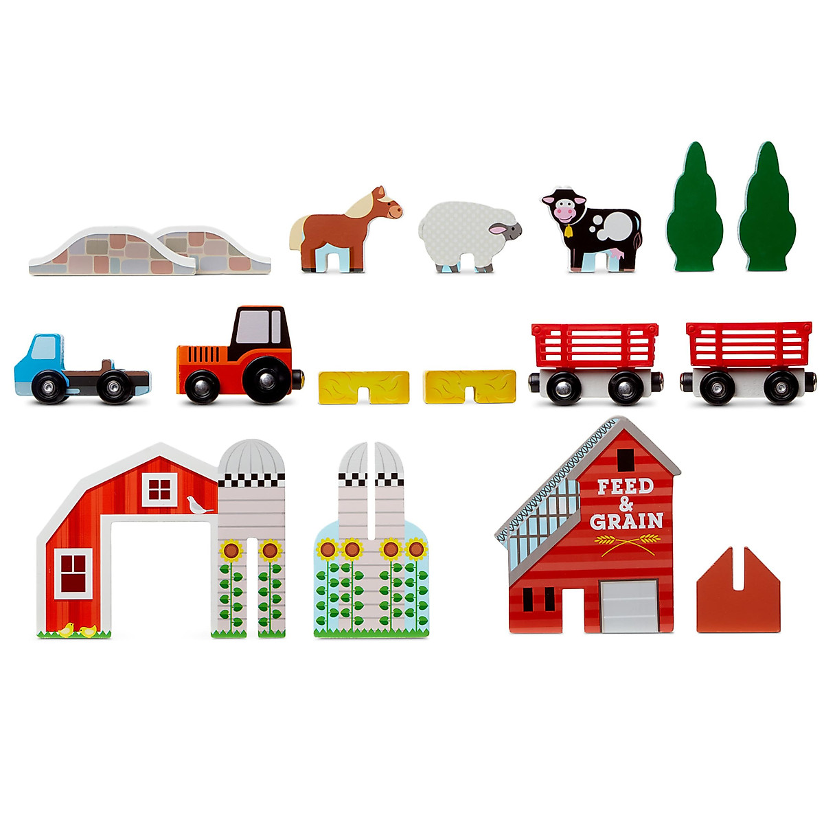 Melissa & Doug 17-Piece Wooden Tabletop Farm Playset With 4 Vehicles, Grain House & Play Pieces - Pretend Barnyard Toy For Toddlers Ages 1+