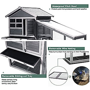 HAPPAWS Rabbit Hutch Cage w/Hay Feeder, 58 Inch Bunny Cage Condo Wooden Quail Chicken Coop, Indoor Outdoor Hen Pet House w/Removable Tray, Ramp, Waterproof Roof, Lockable Doors for Small Animals
